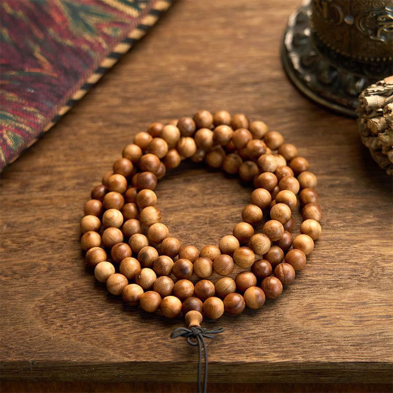 108 Mala Beadwork Lightning Strike Peach Wood Hand Poli | KarmaRipple
